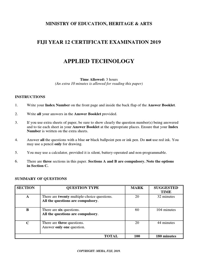 Applied Technology: Fiji Year 12 Certificate Examination 2019 | PDF ...