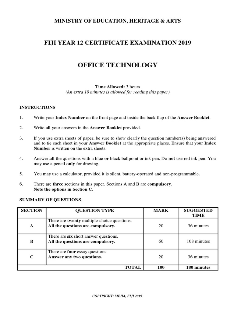 Office Technology: Fiji Year 12 Certificate Examination 2019 | PDF ...