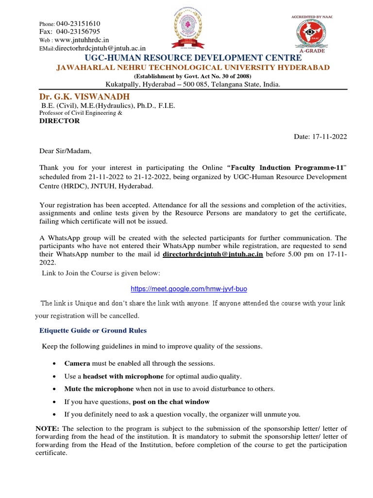 Intimation Selection Letter FIP-11 | PDF