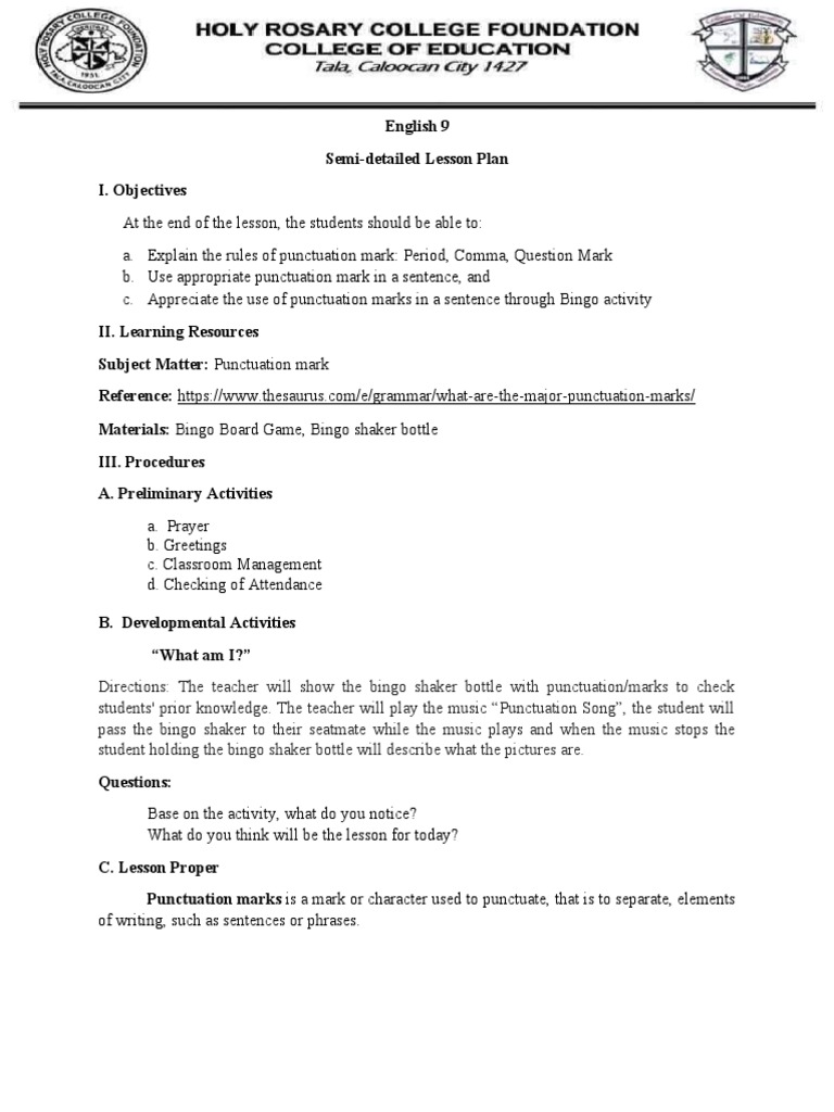 Semi LP Punctuation Mark | PDF | Punctuation | Lesson Plan