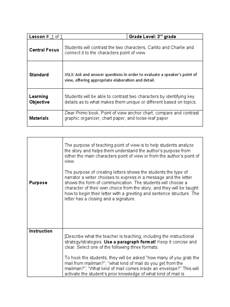dear primo lesson plan | PDF | Narration | Lesson Plan