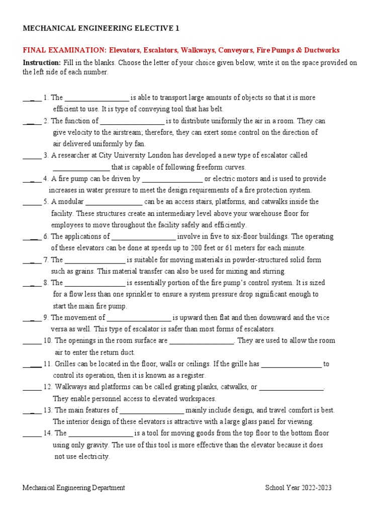 Final Exam - Me Elective 1 | PDF | Elevator | Escalator