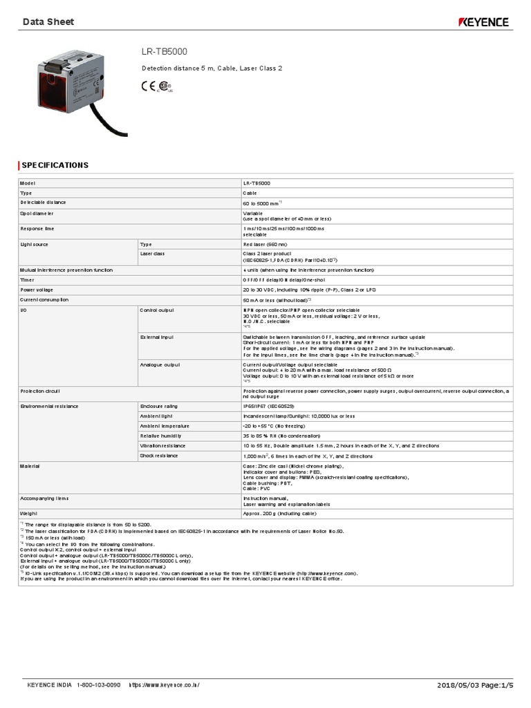 Keyence Lr Tb5000 Self Contained Tof Laser Lr t Series Sensor | PDF | Bipolar Junction ...