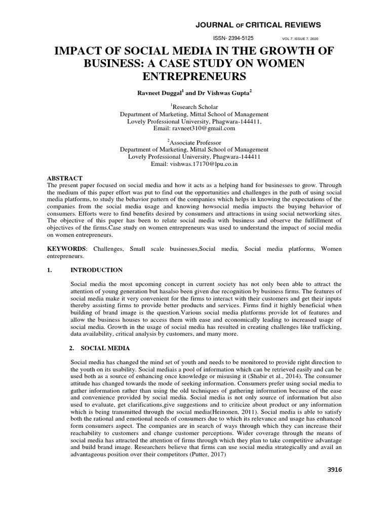 Impact of Social Media in The Growth of Business: A Case Study On Women Entrepreneurs | PDF ...