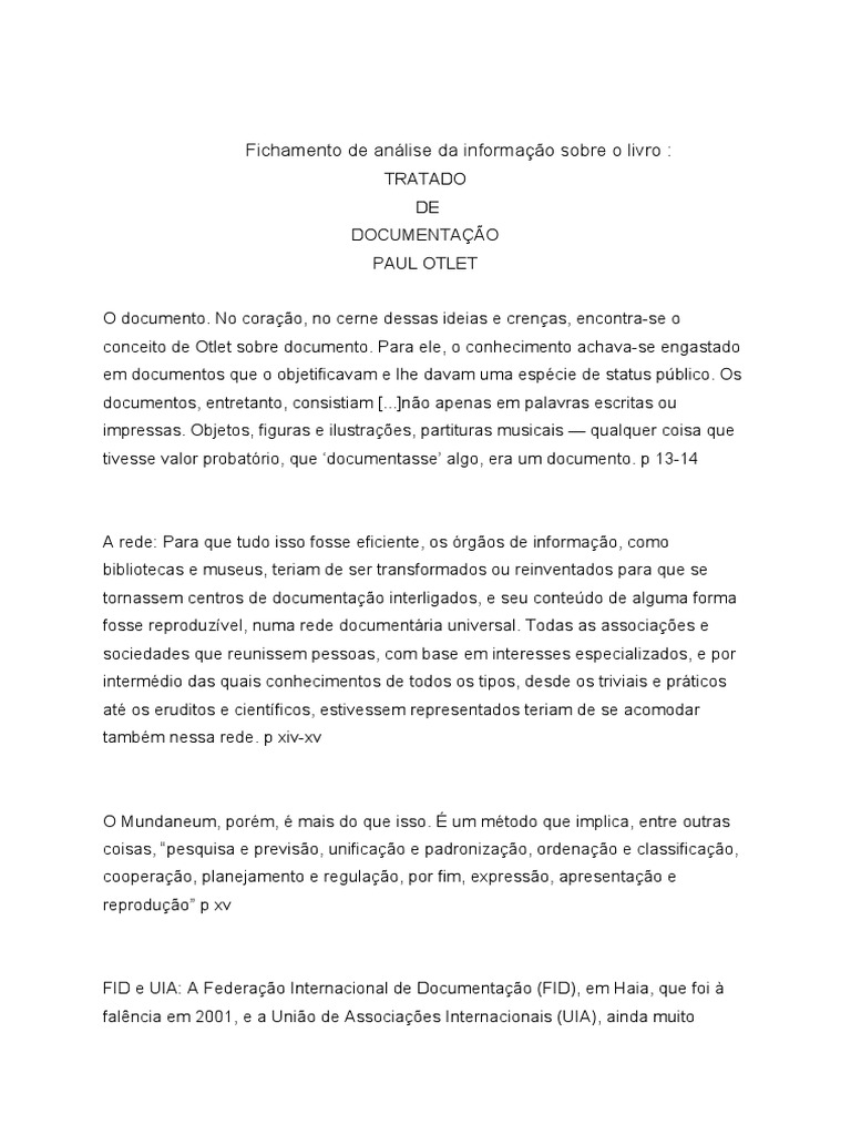 Fichamento Tratado Da Documentacao | PDF | Hipertexto | Informação