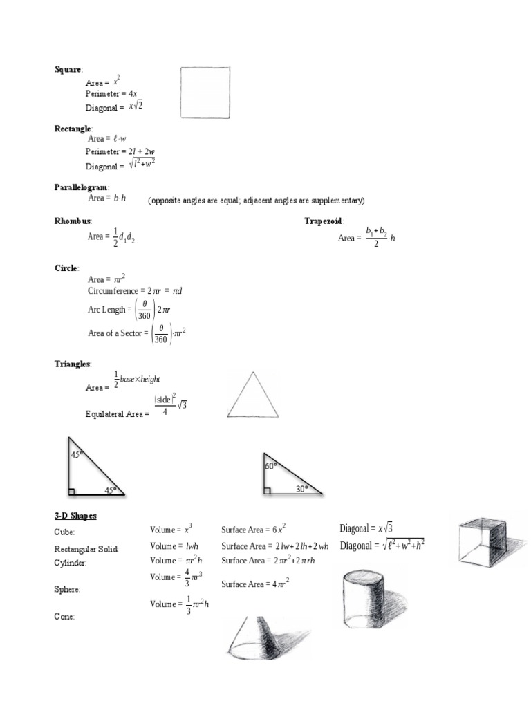 Formulas for Areas & Volumes of 2D & 3D Shapes | PDF | Area | Rectangle