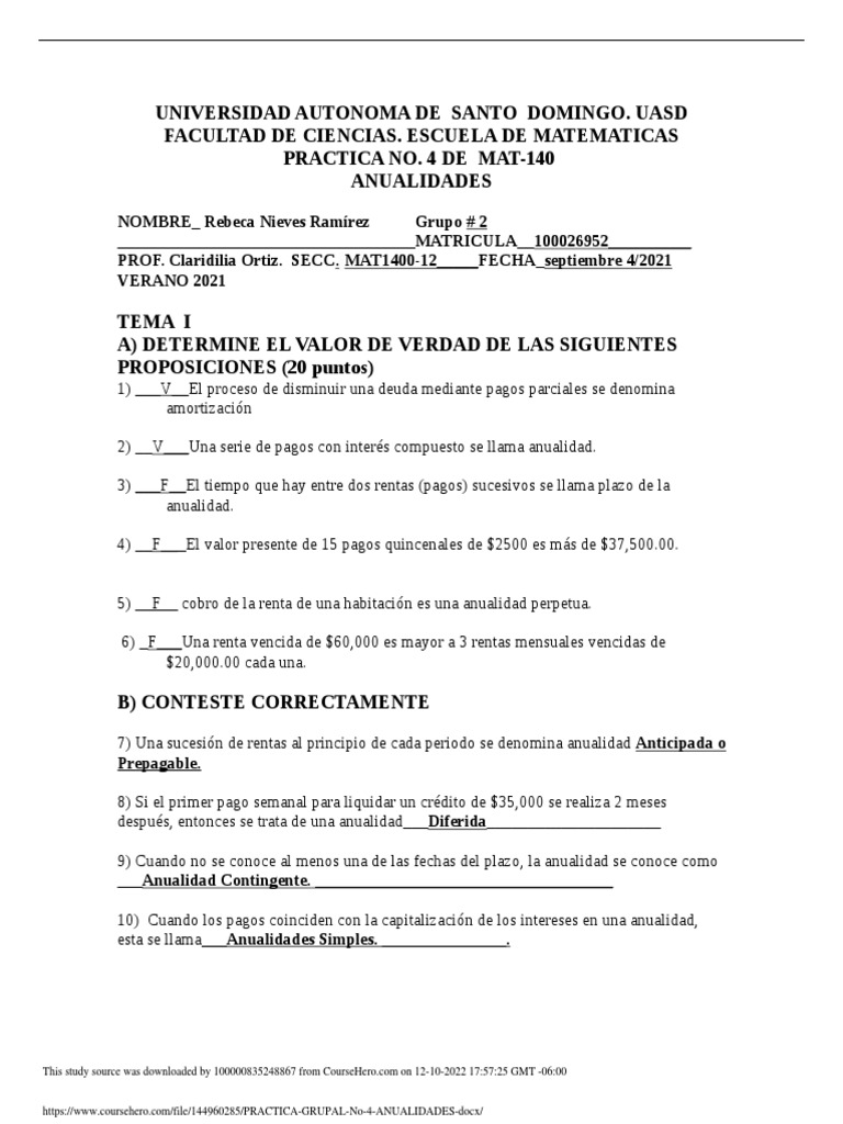 Practica Grupal No 4. Anualidades | PDF | Dinero | Deuda