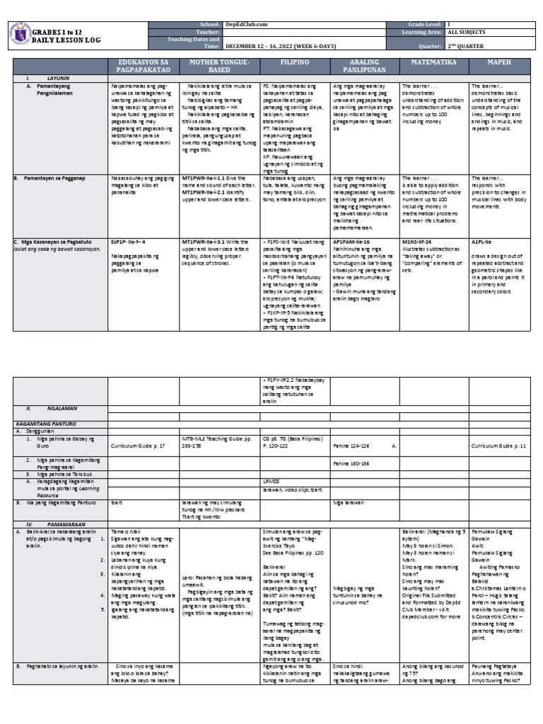 Grade 1 DLL ALL SUBJECTS Day 3 Q2 December 12-16 | PDF