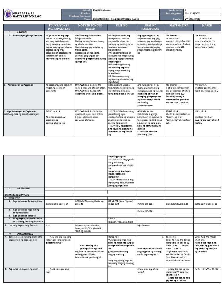 Grade 1 DLL ALL SUBJECTS Day 4 Q2 December 12-16 | PDF
