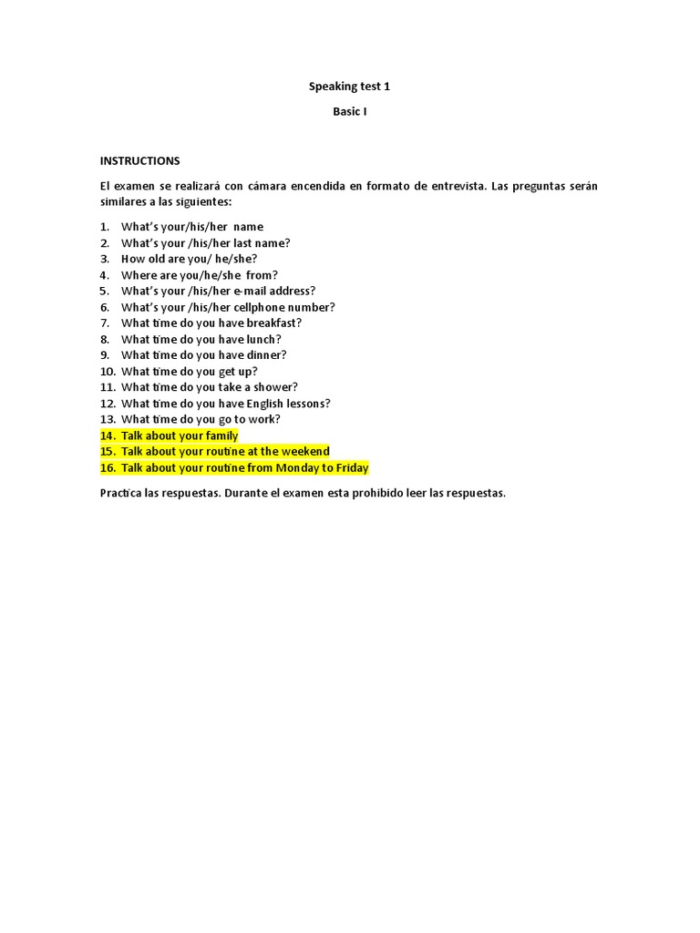 Speaking Test 1 - Basic I | PDF
