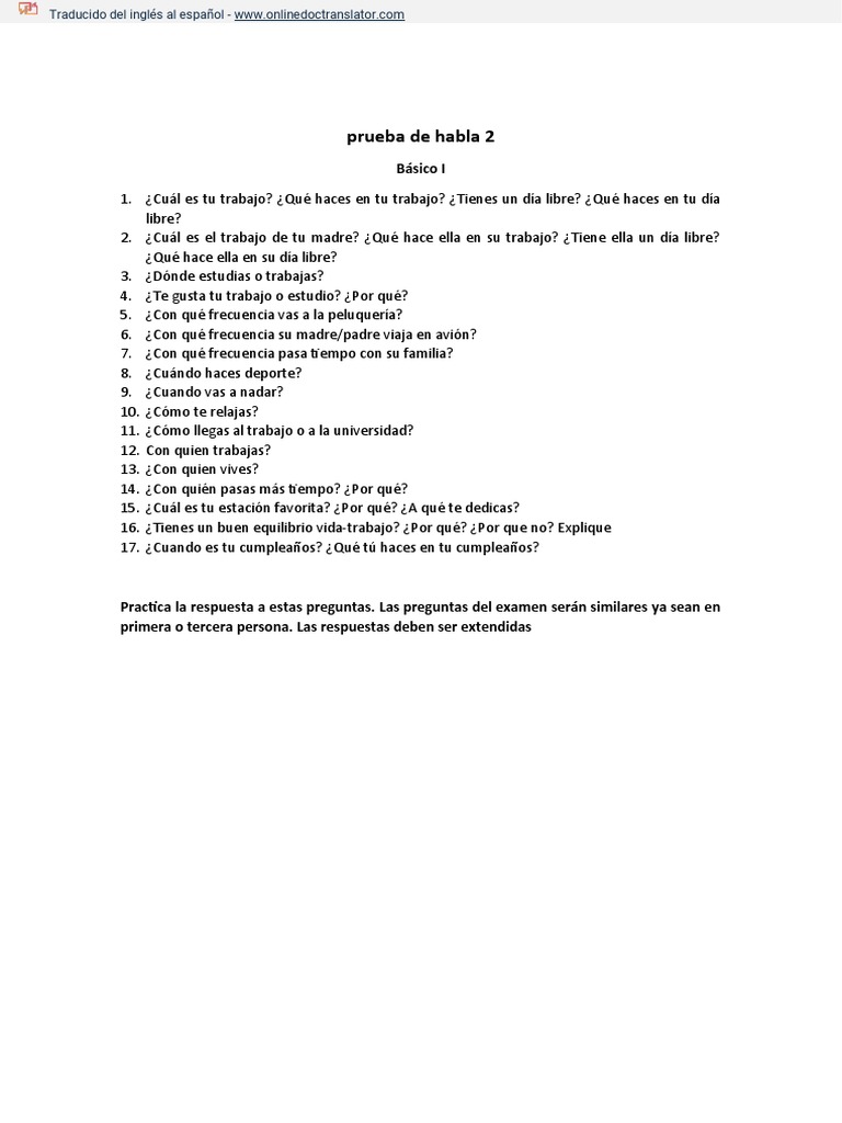 Speaking Test 2 - Basic I.en - Es | PDF | Artes del Lenguaje y Comunicación