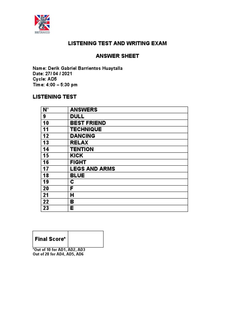 Listening Test and Writing Exam - Answer Sheet | PDF