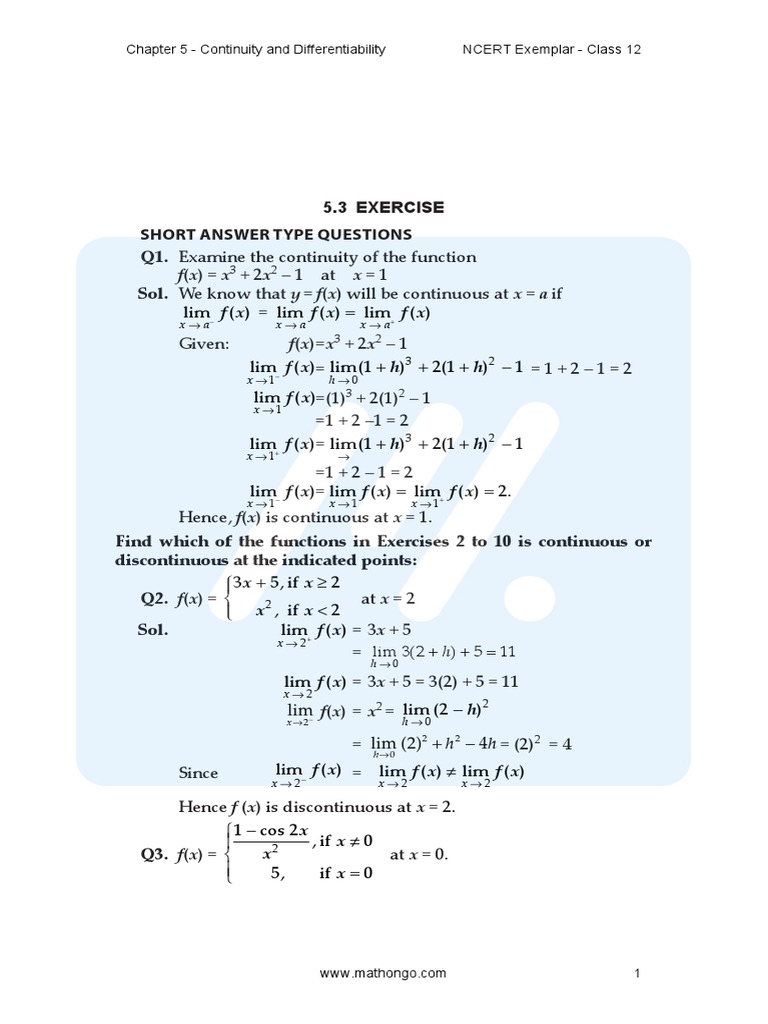 Ncert Exemplar Math Class 12 Chapter 05 Continuity and ...