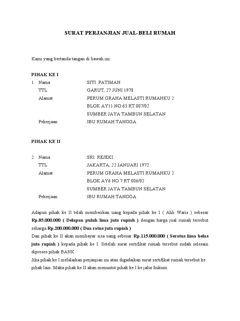 Contoh Surat Perjanjian Jual Beli Rumah Pdf