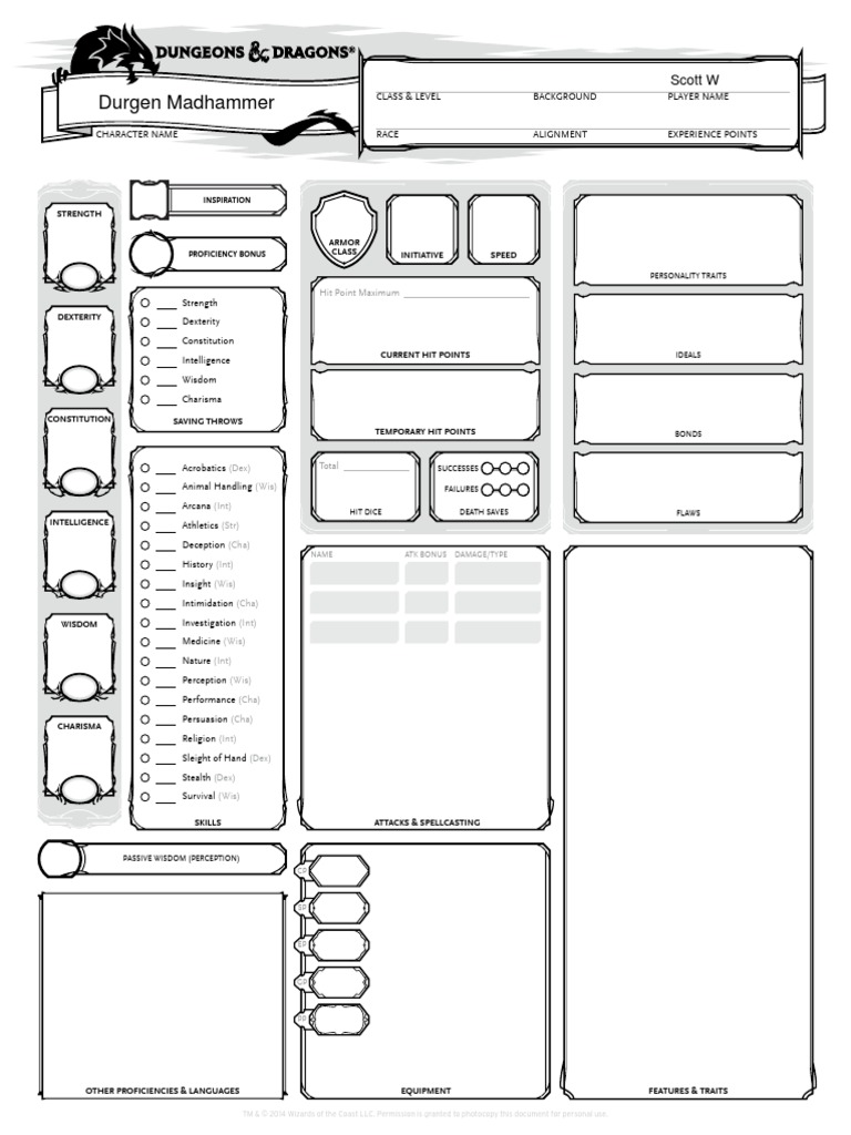 DD Character Sheet 5e Fillable | PDF | Storytelling | Leisure Activities
