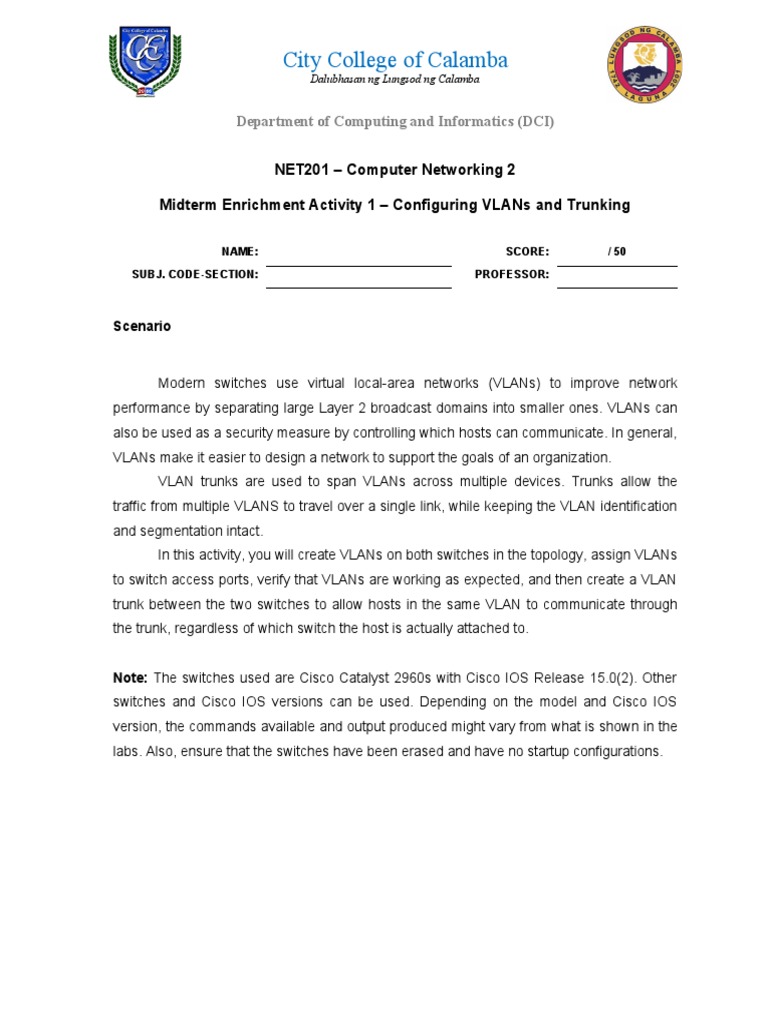 City College of Calamba: Net201 - Computer Networking 2 Midterm Enrichment Activity 1 ...