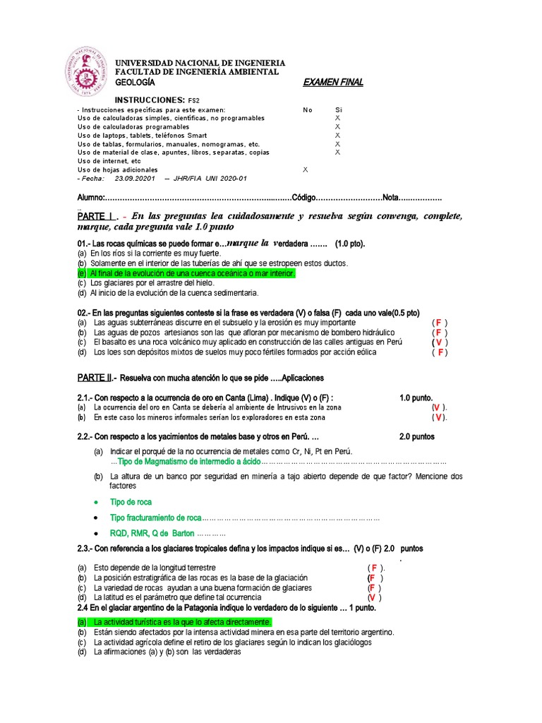 Exam Final Geologia F Fia Uni Soluc | PDF | glaciar | Roca (geología)