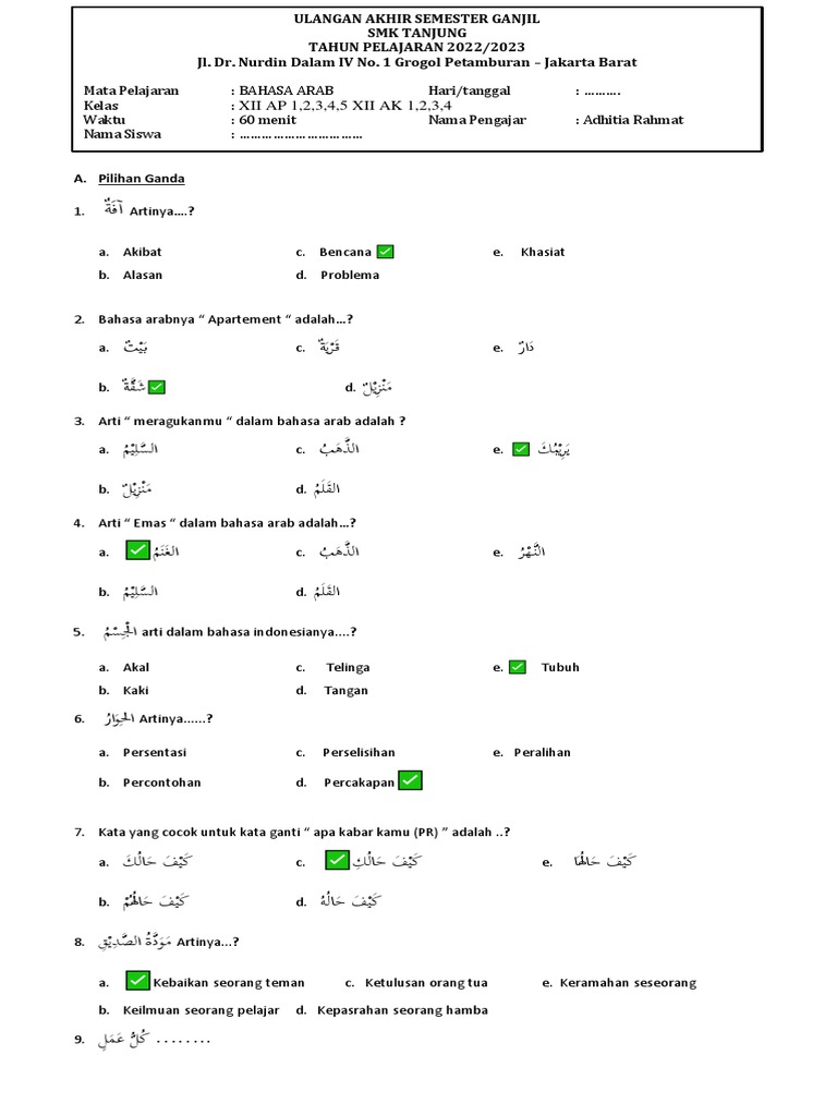 Soal Bahas Arab UAS Ganjil Kelas XII AP Dan AK | PDF