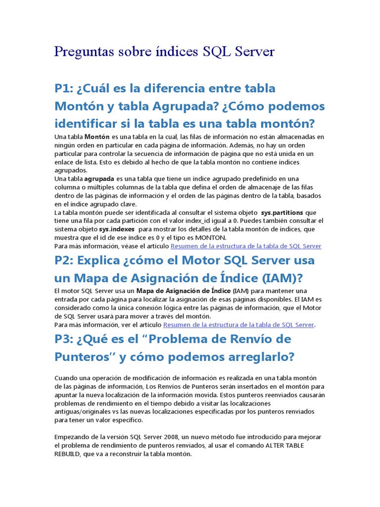 Preguntas sobre índices SQL Server.docx | PDF | Servidor SQL de Microsoft | Bases de datos