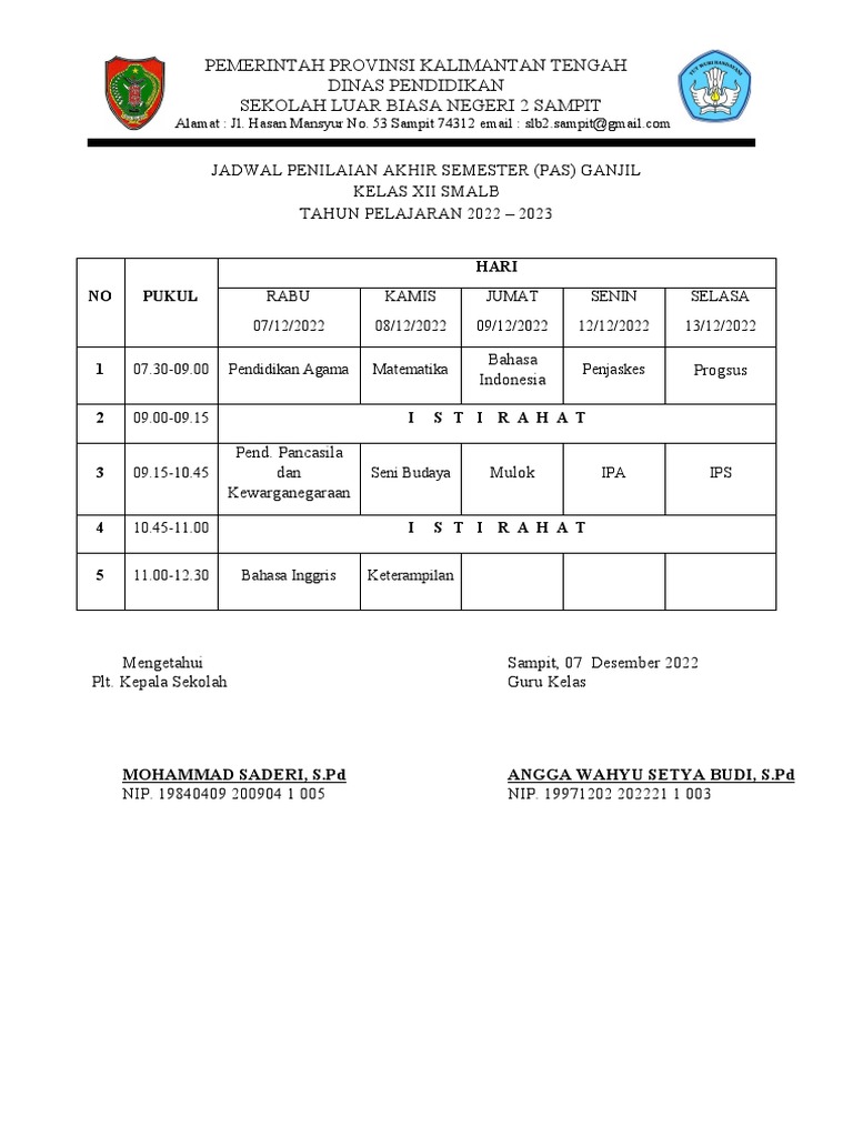 Jadwal Pas SD, SMP, Sma Th. 2022-2023-1 | PDF