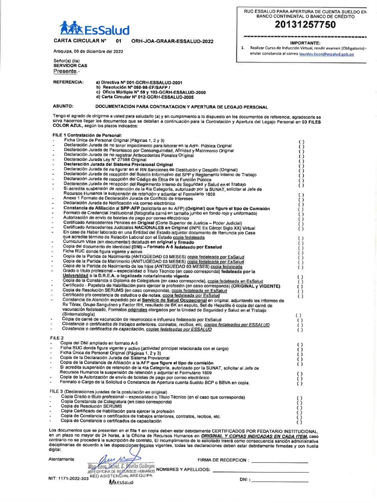 Carta Circular #01-Orh-Joa-Graar-Essalud-2022 | PDF