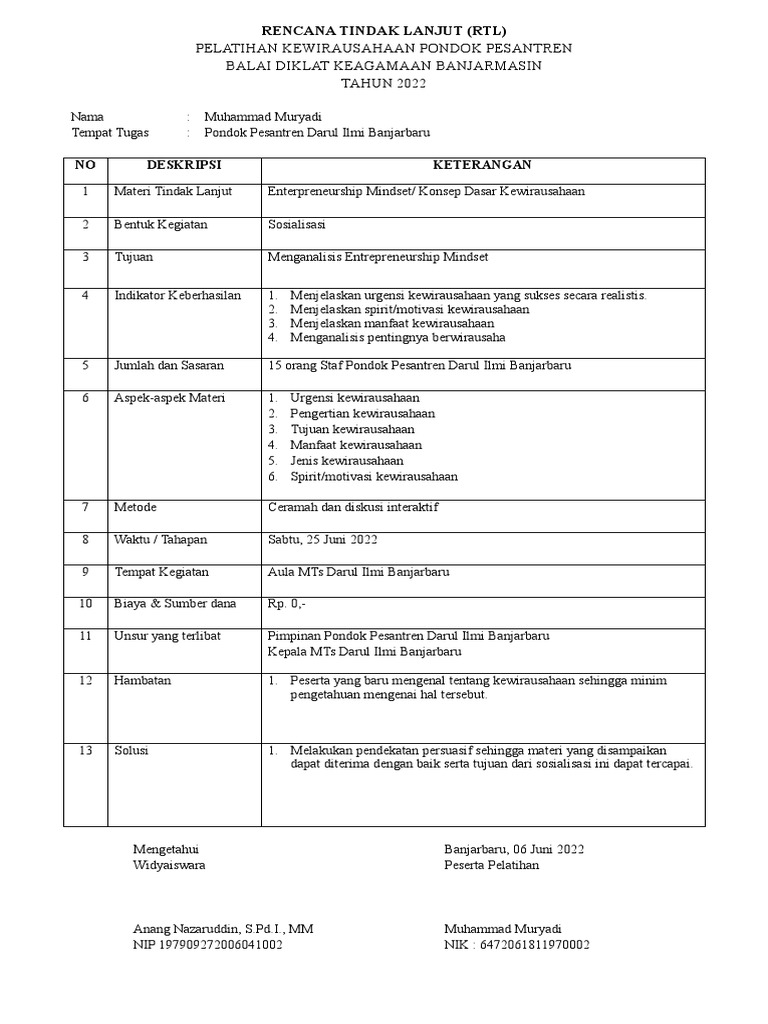 Format Rencana Tindak Lanjut (RTL) Kewirausahaan Pondok Pesantren | PDF