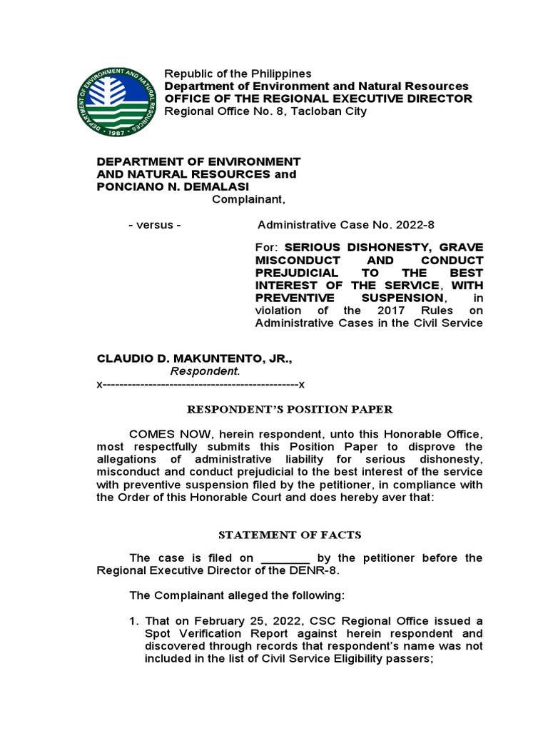 Position Paper of Respondent | PDF | Jurisdiction | Complaint