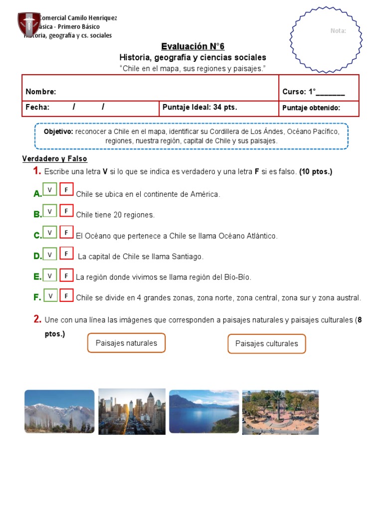 Evaluación 6 Historia 1° Básico - Chile El Mapa, Paisajes | PDF