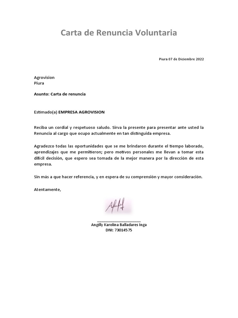 Carta de Renuncia AGROVISION | PDF