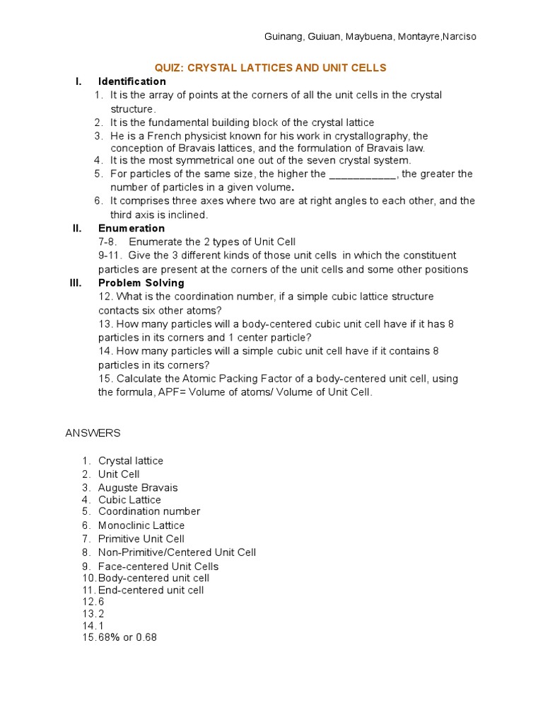 Quiz - Crystal Lattices and Unit Cells | PDF