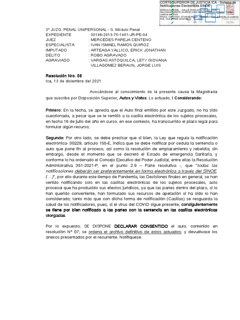 Resolución judicial declara consentido un auto final y ordena el ...