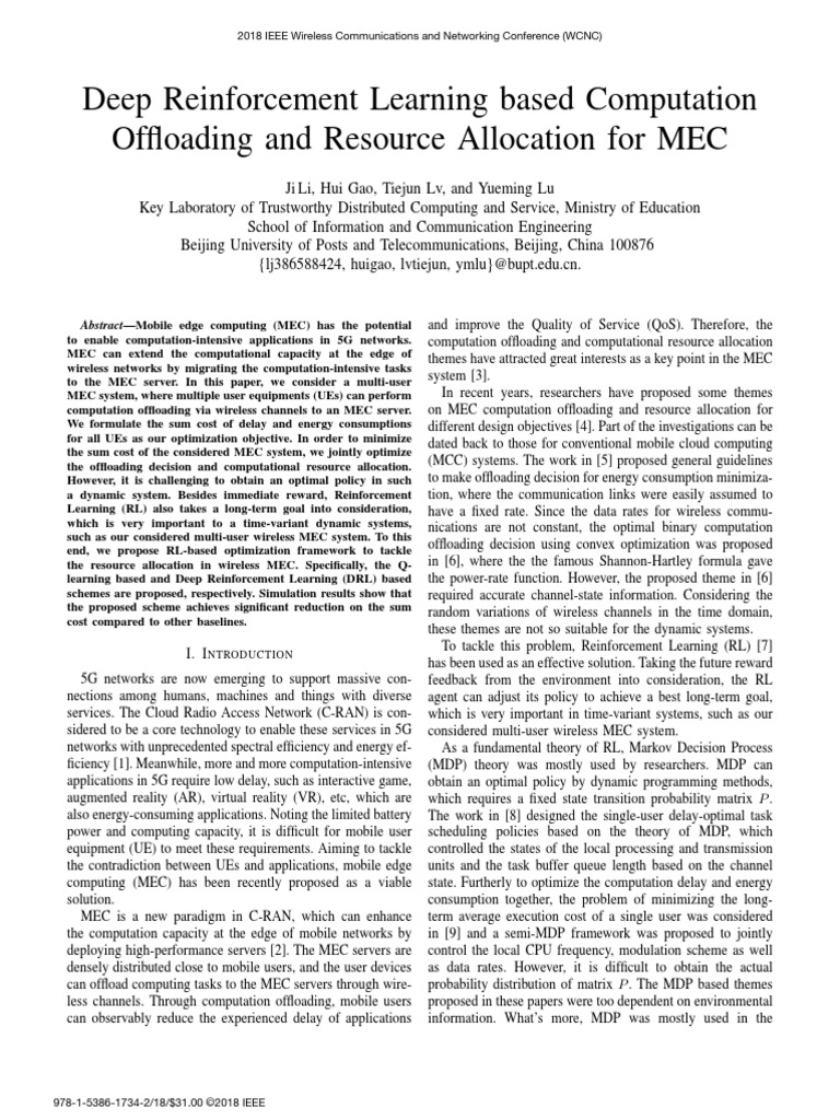 Deep Reinforcement Learning Based Computation Offloading And Resource Allocation For Mec Pdf