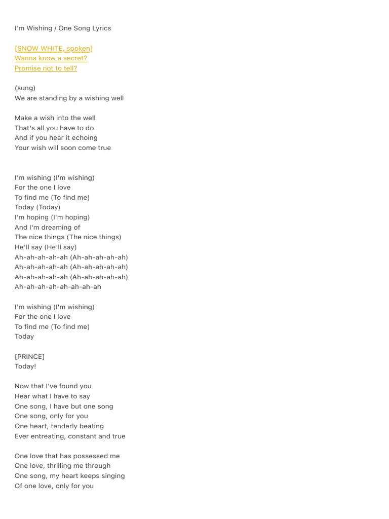 I'm Wishing / One Song Lyrics | PDF