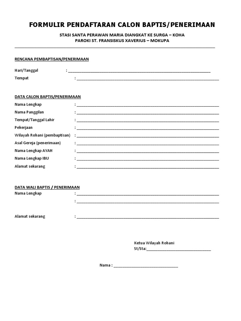 Formulir Pendaftaran Calon Baptis | PDF