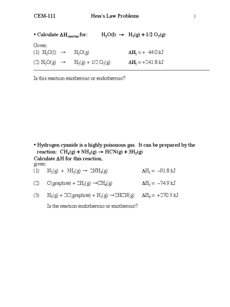 Hess's Law Practice Problems | PDF
