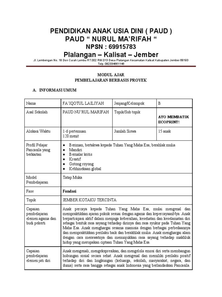 Modul Ajar PG PAUD / FASE FONDASI | PDF Modul Ajar PG PAUD / FASE FONDASI | PDF