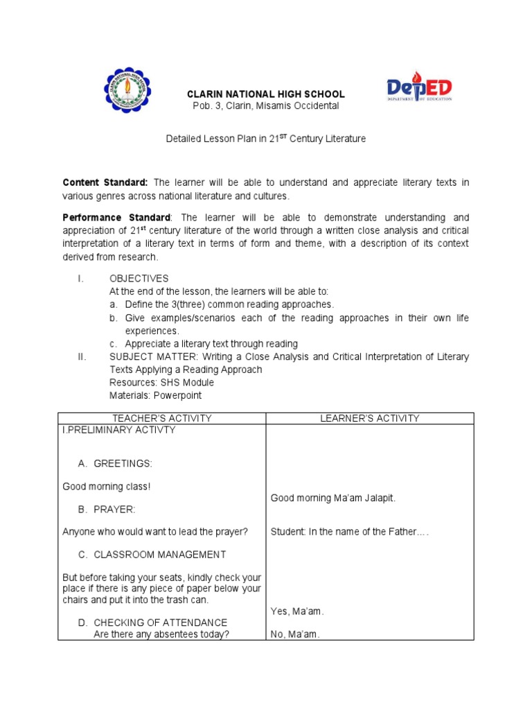 Detailed Lesson Plan in 21ST Century Literature | PDF | Speed Reading ...
