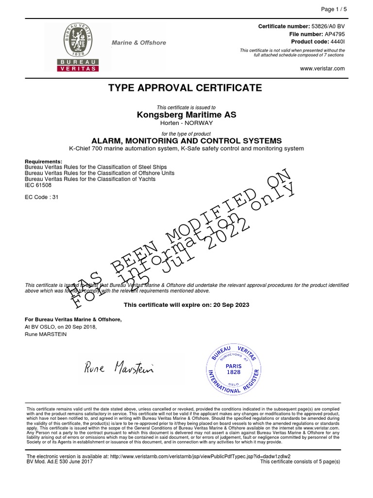 Has Been Modified On 25 Jul 2022 For Information Only: Type Approval Certificate | PDF | Computing