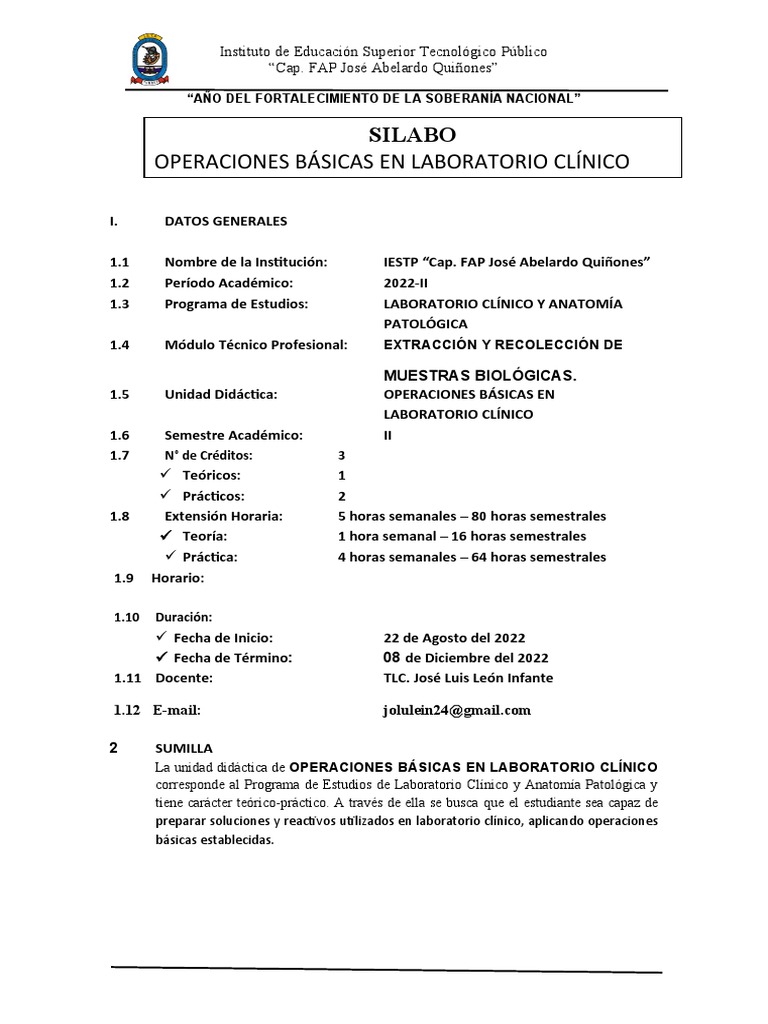 Silabo OPERACIONES BASICAS en Lab Clinico 2022 II Jose | PDF | Concentración | Laboratorios
