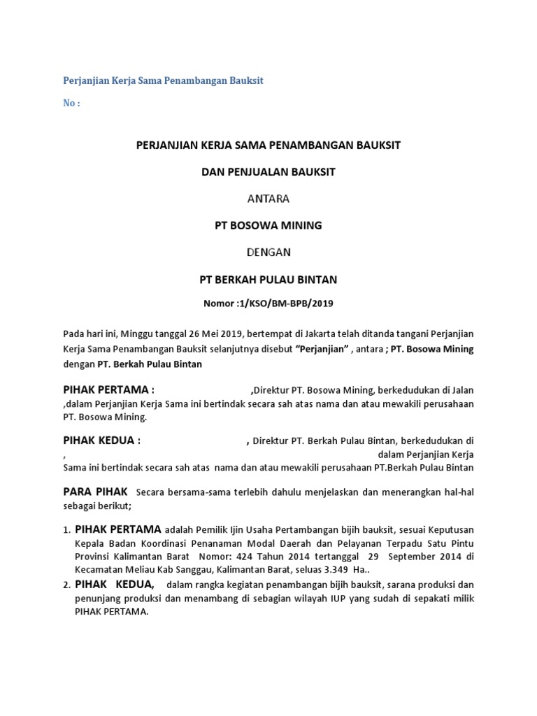 Contoh Kontrak Kerjasama Perjanjian PT BM Dengan PT BPB | PDF Contoh Kontrak Kerjasama Perjanjian PT BM Dengan PT BPB | PDF