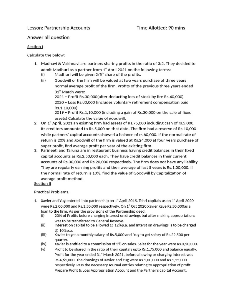Partnership Accounts Assessment Test | PDF | Goodwill (Accounting ...