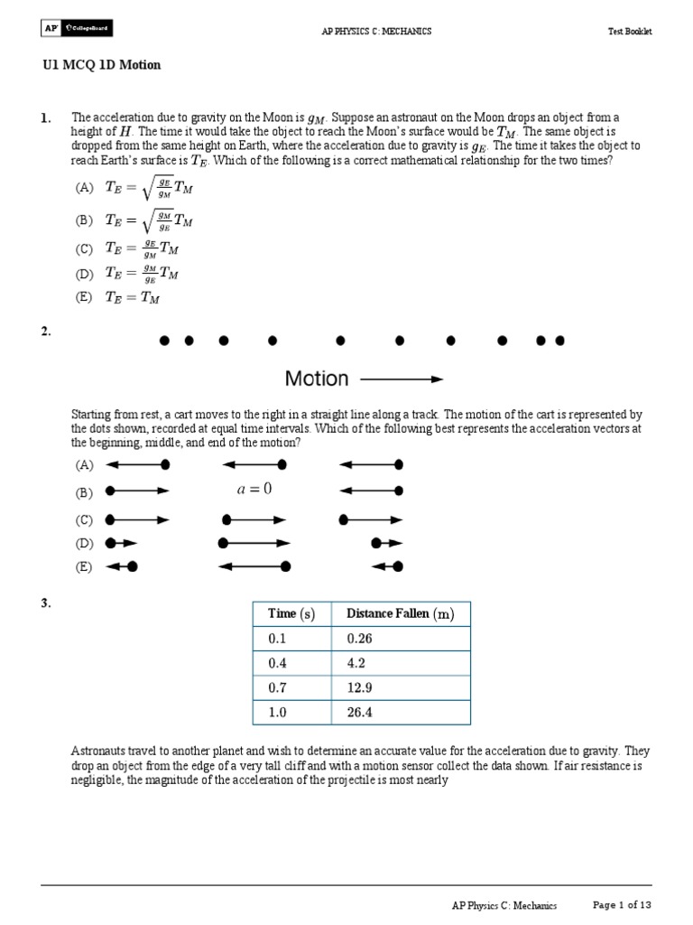 AP Physics C Mechanics: 1D Motion Test | PDF | Acceleration | Velocity