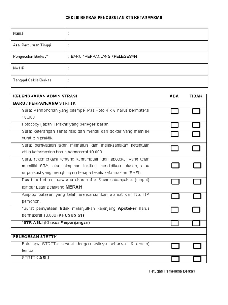 Ceklis Berkas Pengusulan STR Kefarmasian | PDF