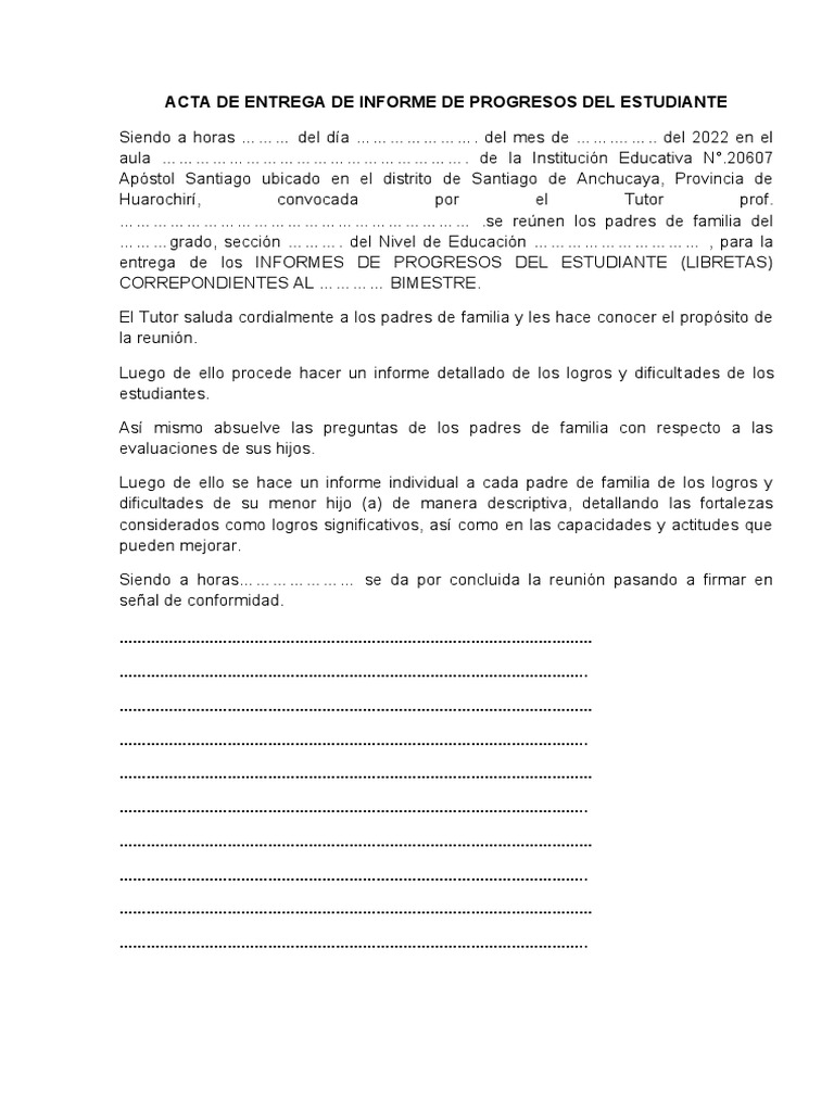 Acta de Entrega de Informe de Progresos Del Estudiante 2022 | PDF ...