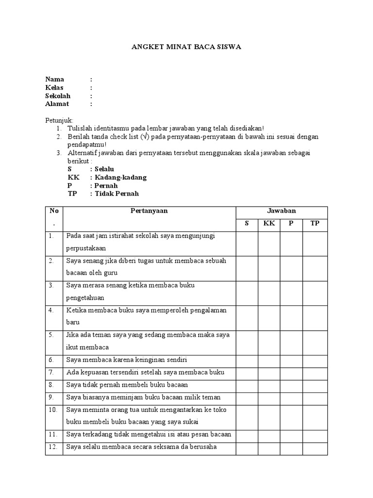 Angket Minat Baca Siswa | PDF