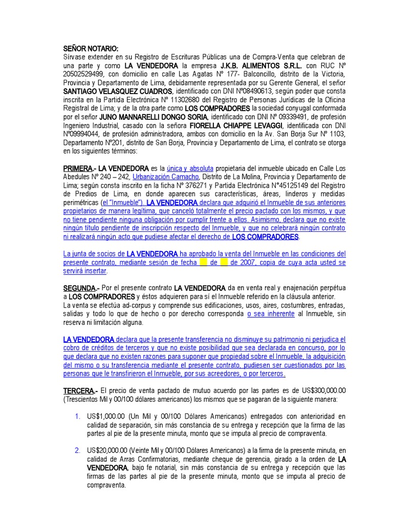 Modelo de Minuta Con Arras Confirmatorias e Intervención de Un Testigo ...