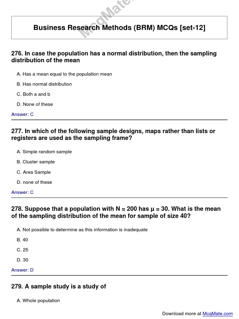 Business Research Methods MCQs Set 12 | PDF | Sampling (Statistics ...