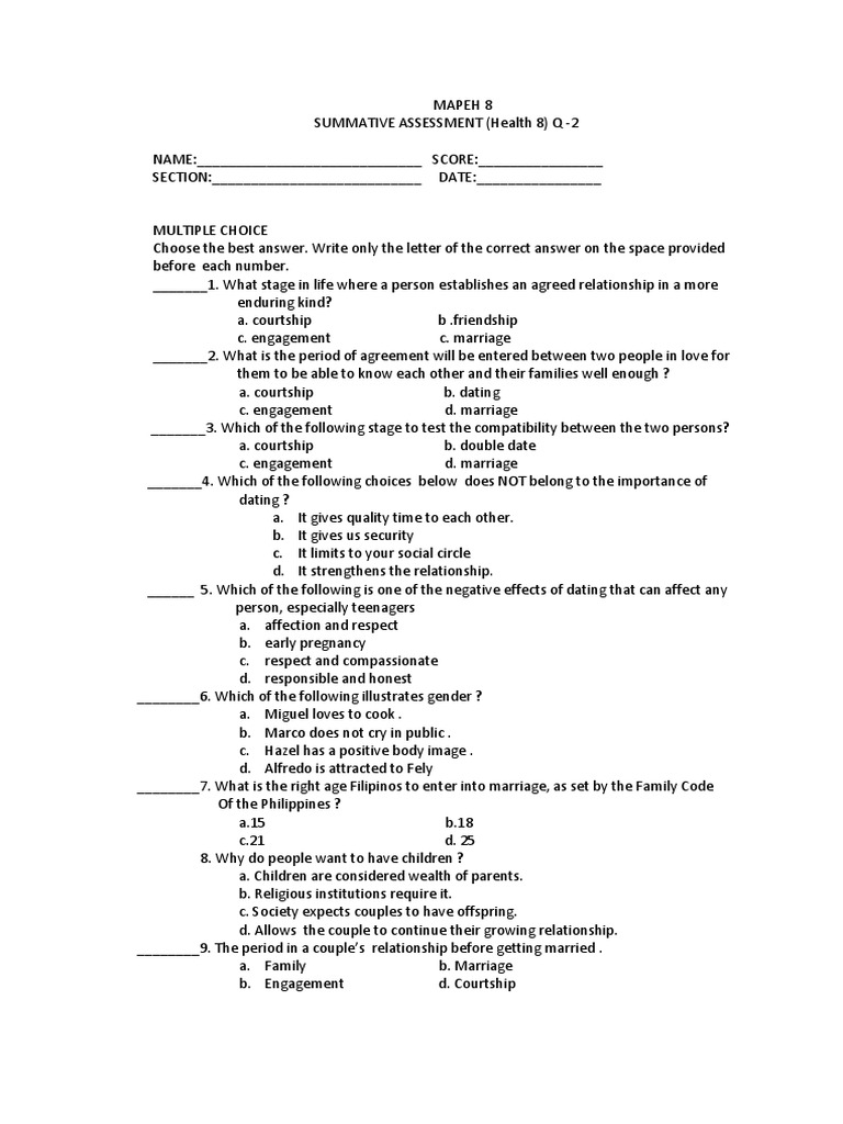 Mapehhealth Q2 Summative-Test | PDF | Marriage | Courtship