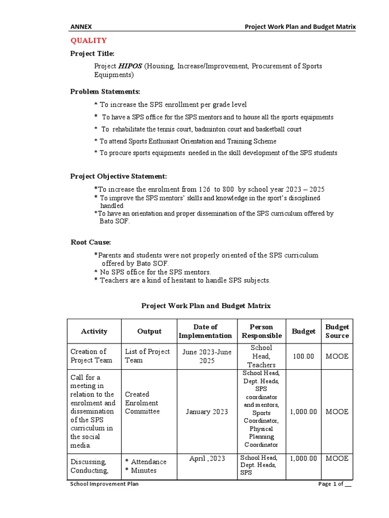 Project Work Plan and Budget Matrix SPS | PDF | Curriculum | Behavior ...