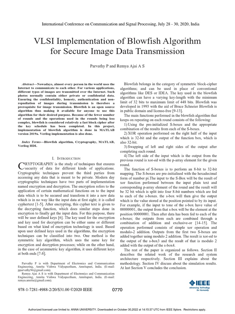 VLSI Implementation of Blowfish Algorithm For Secure Image Data Transmission | PDF ...